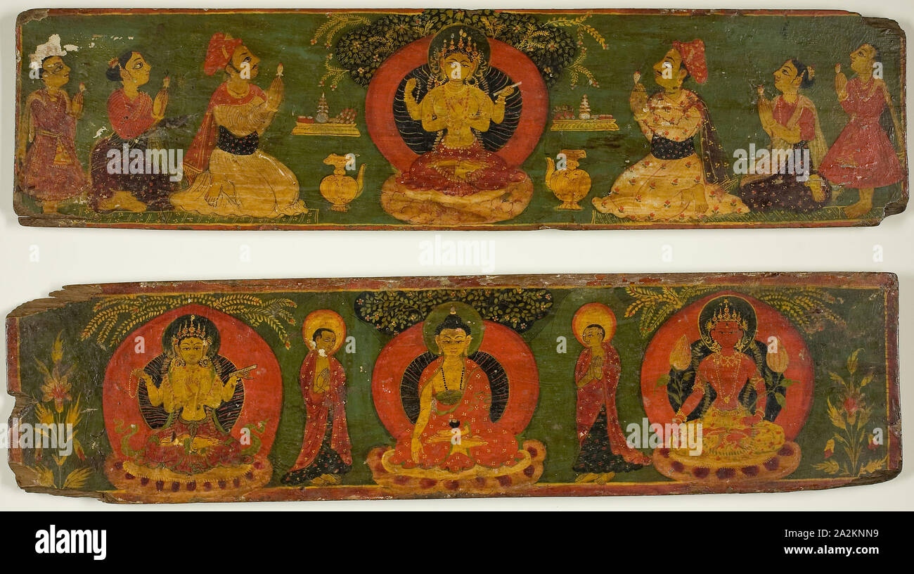 Pair of Manuscript Covers Depicting Buddha Flanked by Monks and Deities ...