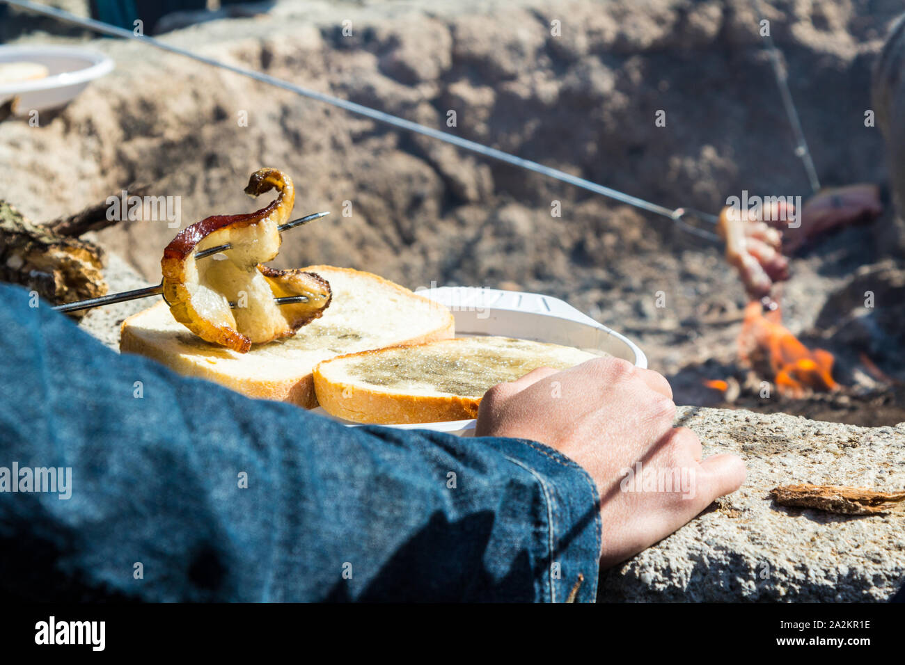 Szalonnasutes (outdoor roasting fatty bacon on skewer) over log fire ...