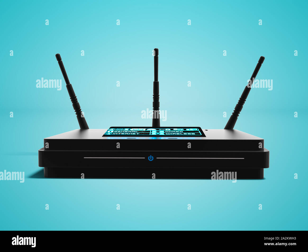 Modern black wi fi router on three antennas in front 3d render on blue ...