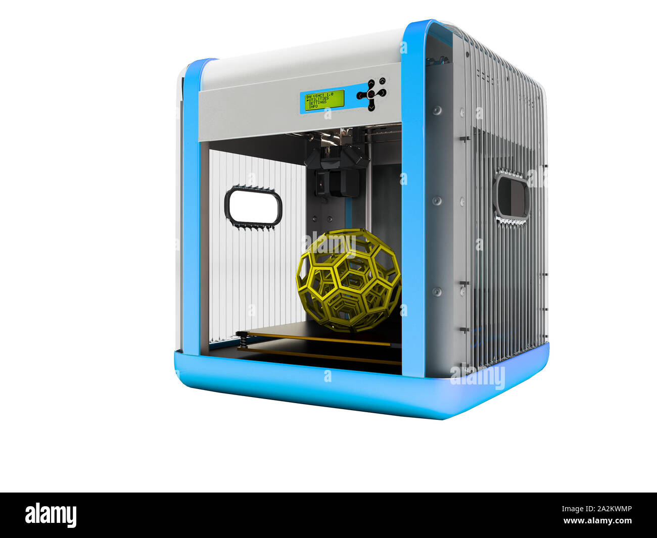 Modern blue 3d printer with yellow geometric figure inside for home use ...