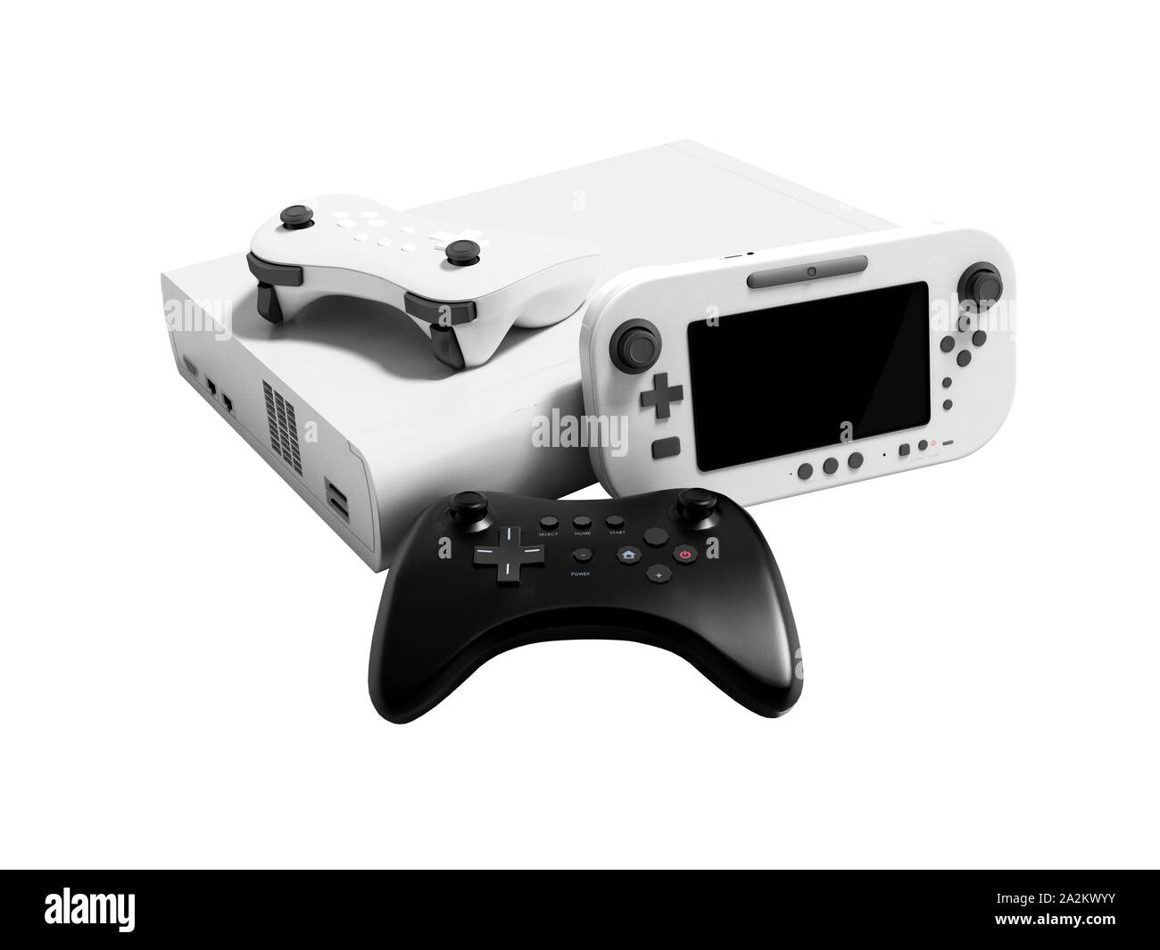 Modern game console white with two dzhostikami and portable game ...