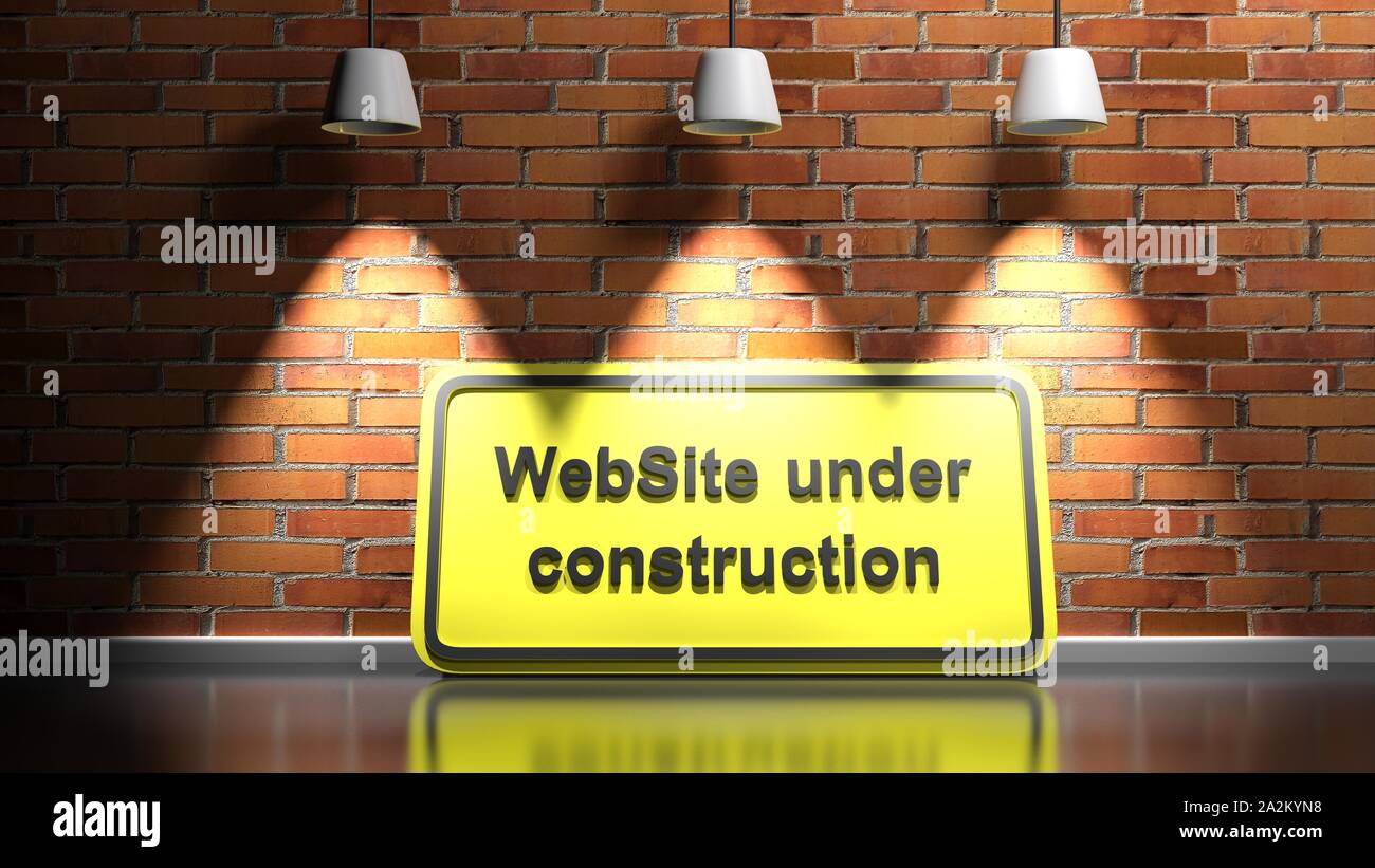WebSite under construction sign at red bricks illuminated wall - 3D ...