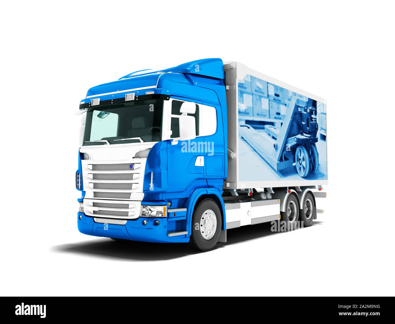 Modern dark blue truck with trailer with white insets for carrying ...