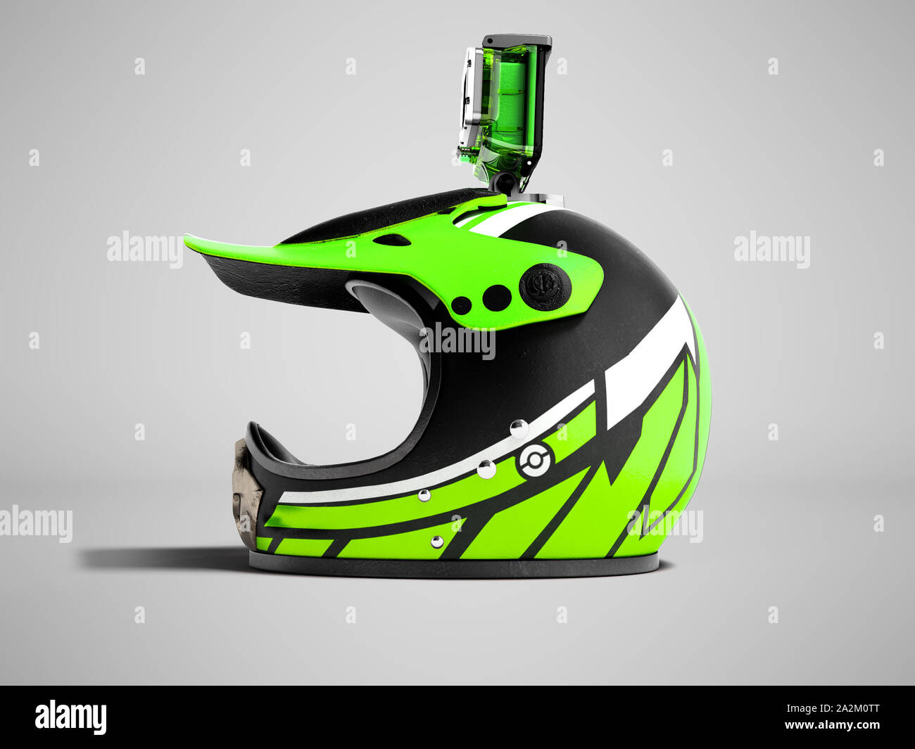Modern green motorcycle helmet with green action camera left 3d render ...