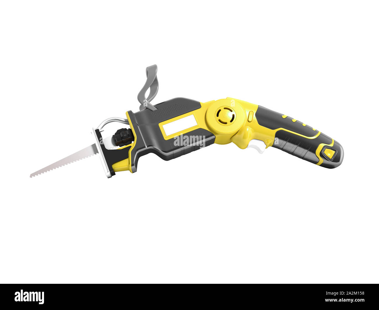 Modern yellow hacksaw on battery for garden works in summer 3d render ...