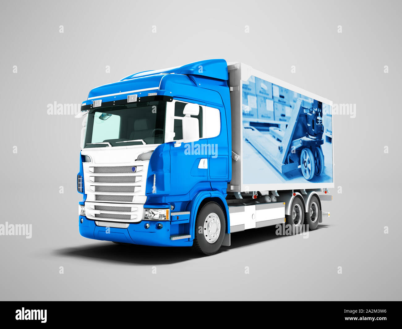 Modern dark blue truck with trailer with white insets for carrying ...
