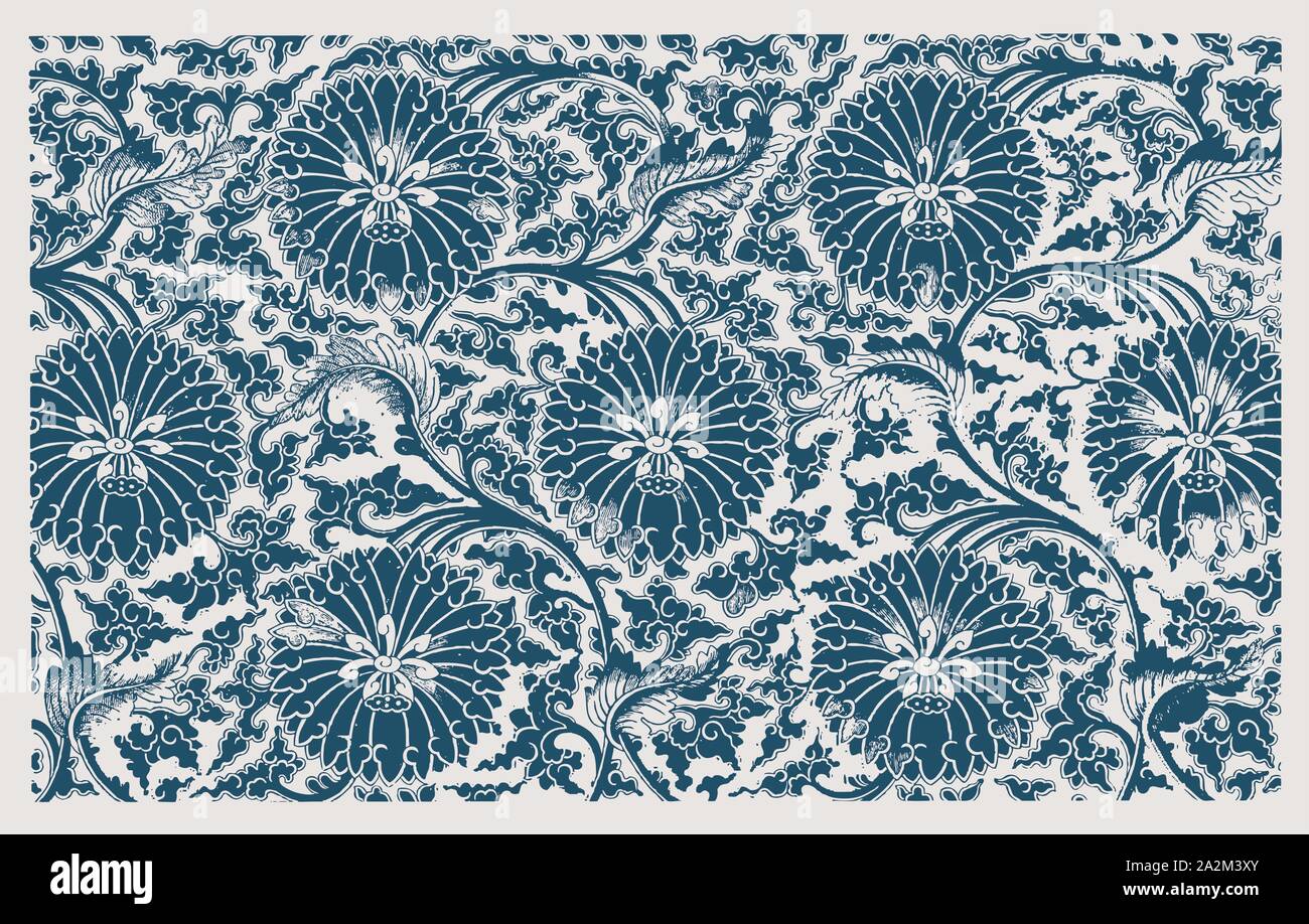 Historic chinese hand-drawn ornamental floral pattern. Blue colored ...