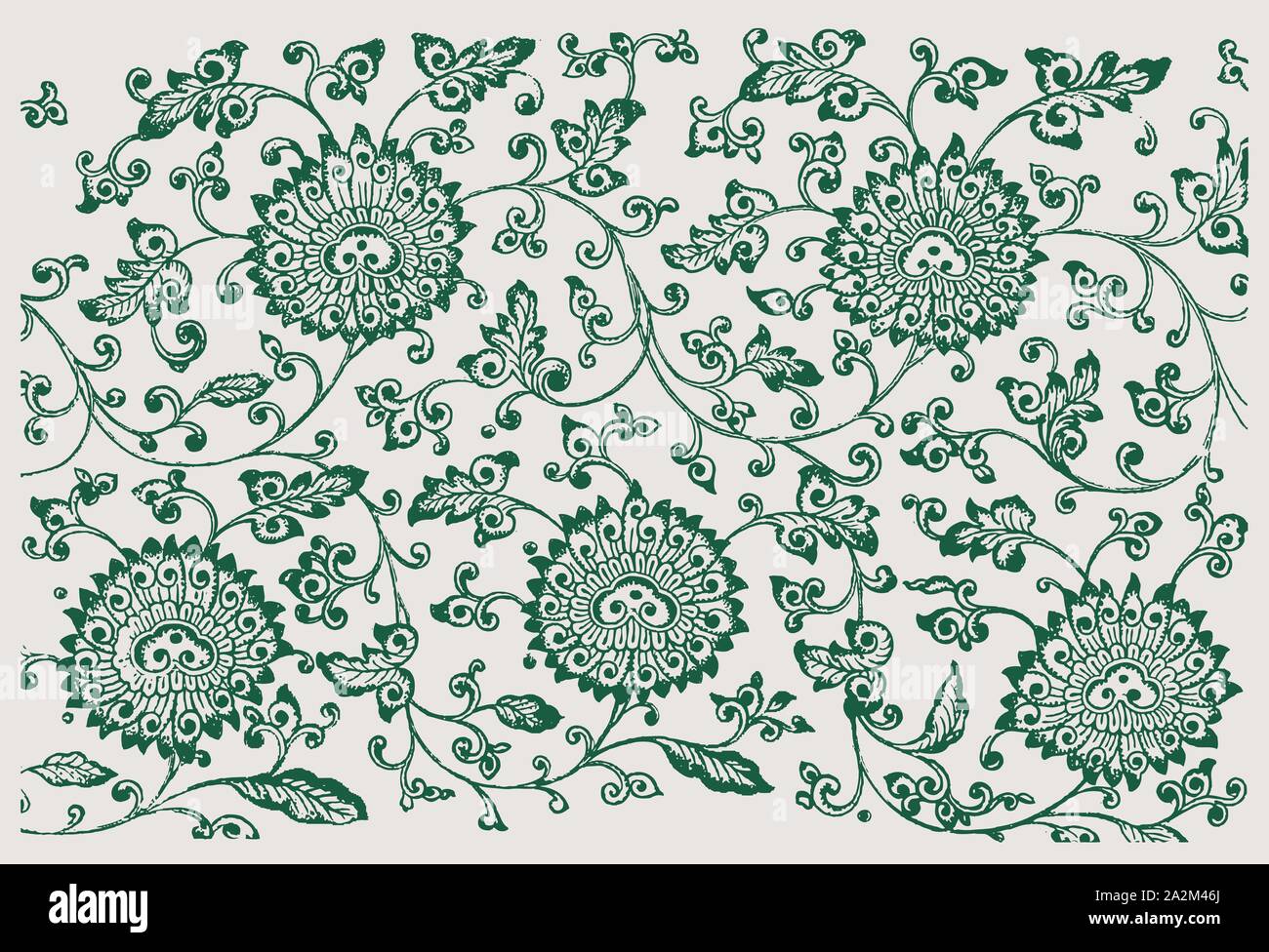 Historic chinese hand-drawn ornamental floral pattern. Green colored ...