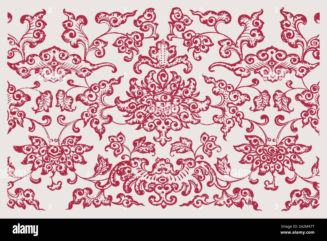 Historic chinese hand-drawn ornamental floral pattern. Red colored ...