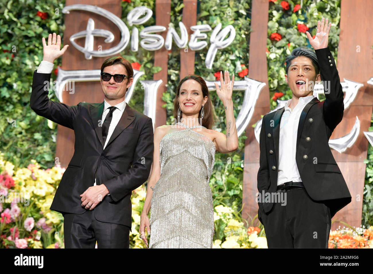 Tokyo, Japan. 3rd Oct 2019. (L-R) Actors Sam Riley, Angelina Jolie and ...