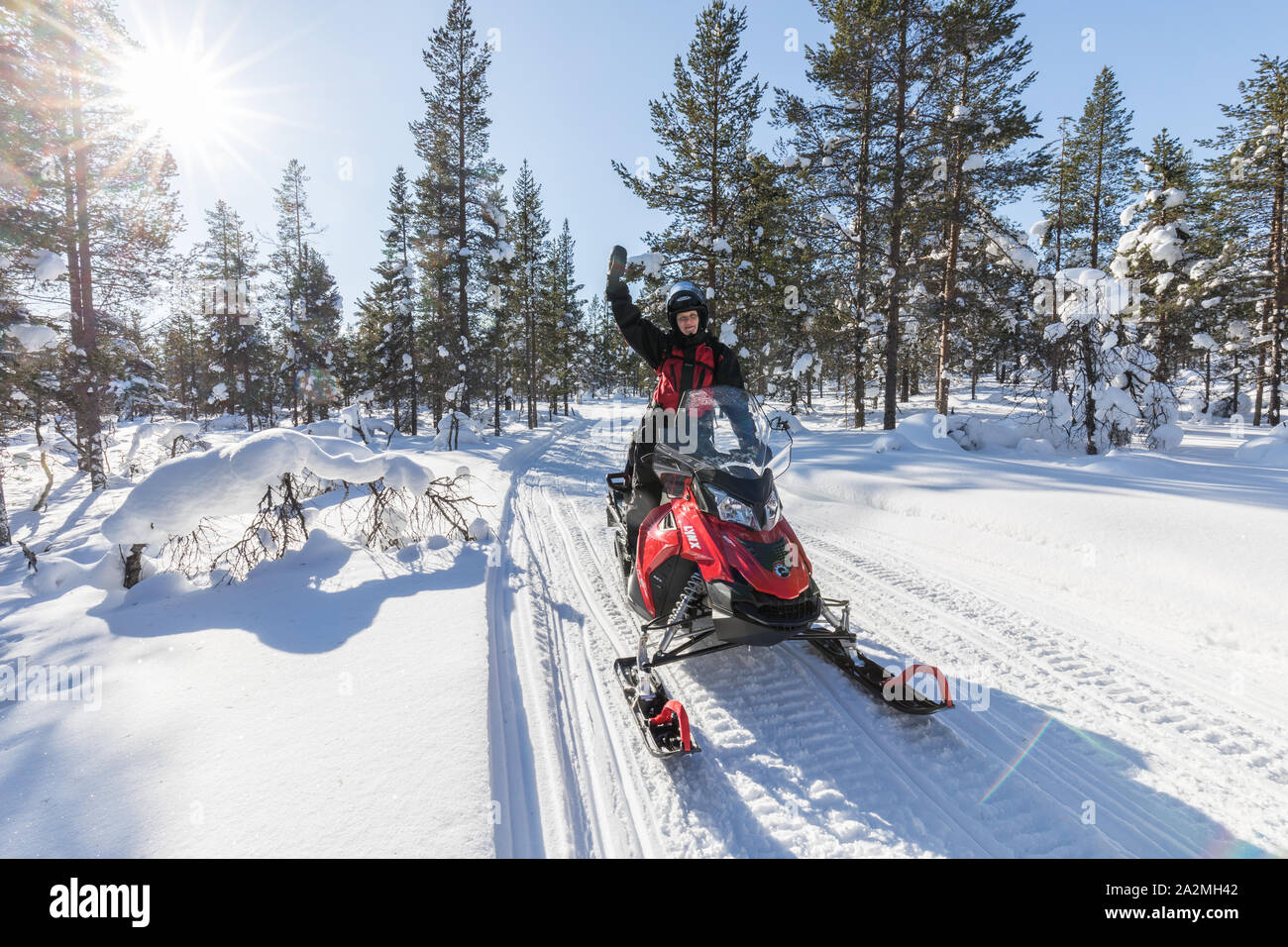 Woman driving snowmobile at arctic winter wonderland Lapland Stock ...