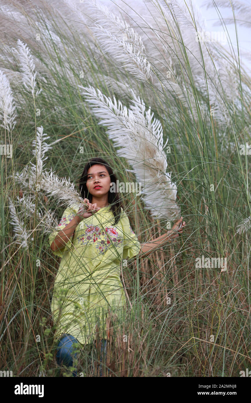 Dhaka, Bangladesh - September 30, 2019: Bangladesh girl with Kash ...
