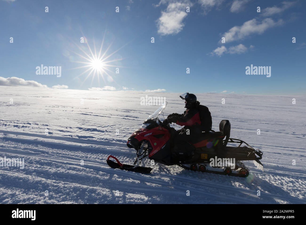 Woman driving snowmobile at arctic winter wonderland Lapland Stock ...