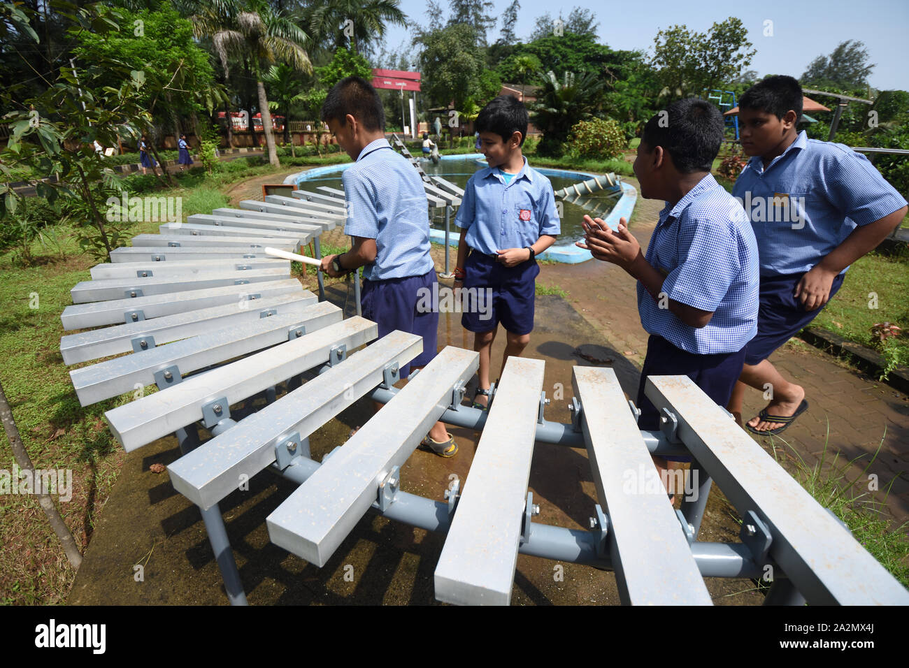 Children are playing with Science Park exhibit. Goa Science Centre ...