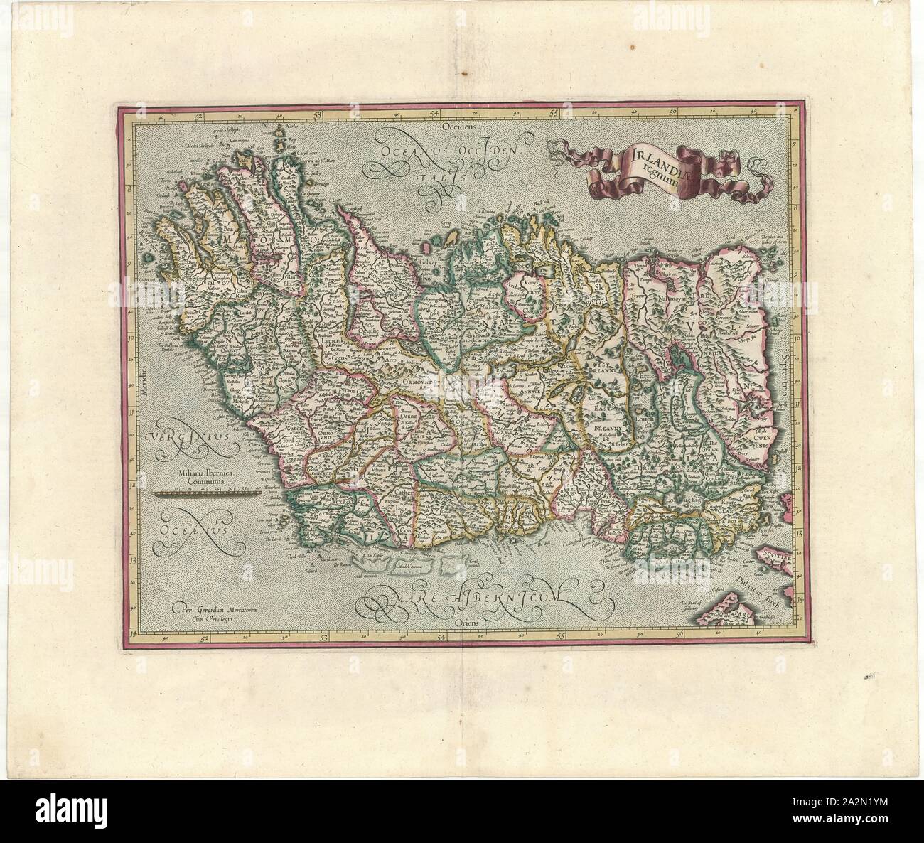 Map, Irlandiæ regnum, Gerard Mercator (1512-1594), Copperplate print ...