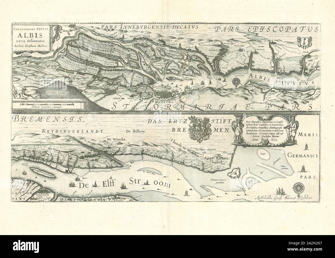Map, Celeberrimi fluvii Albis nova delineatio, Christian Moller (1628 ...