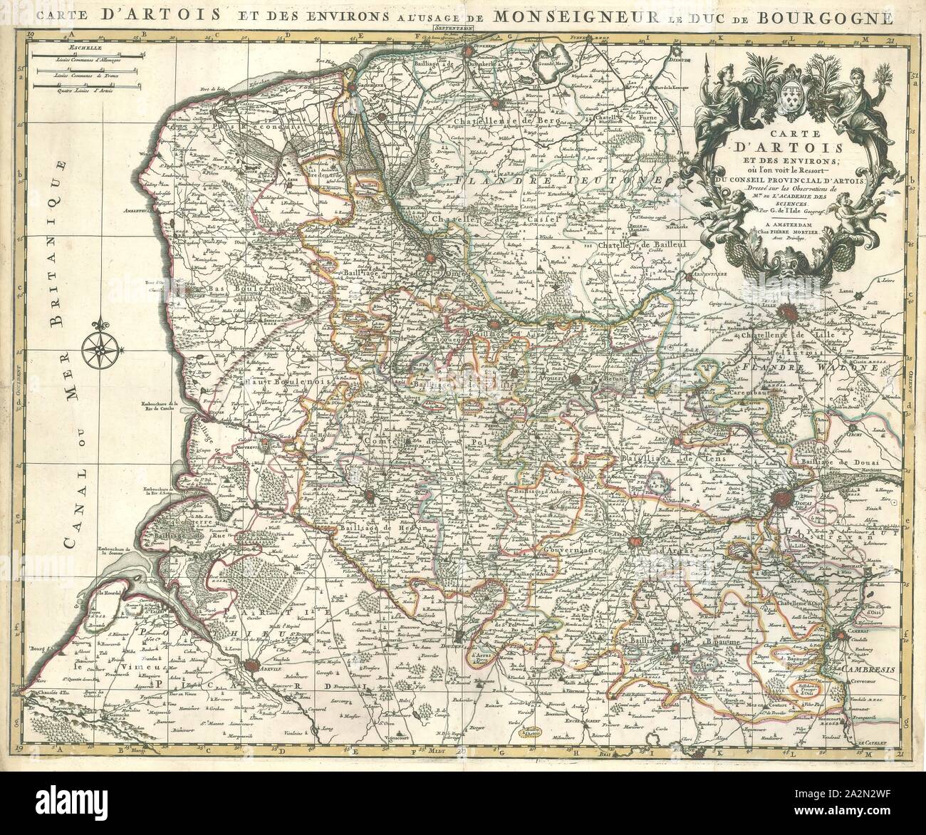 Map, Carte d'Artois et des environs, Guillaume Delisle (1675-1726), Copperplate print Stock ...
