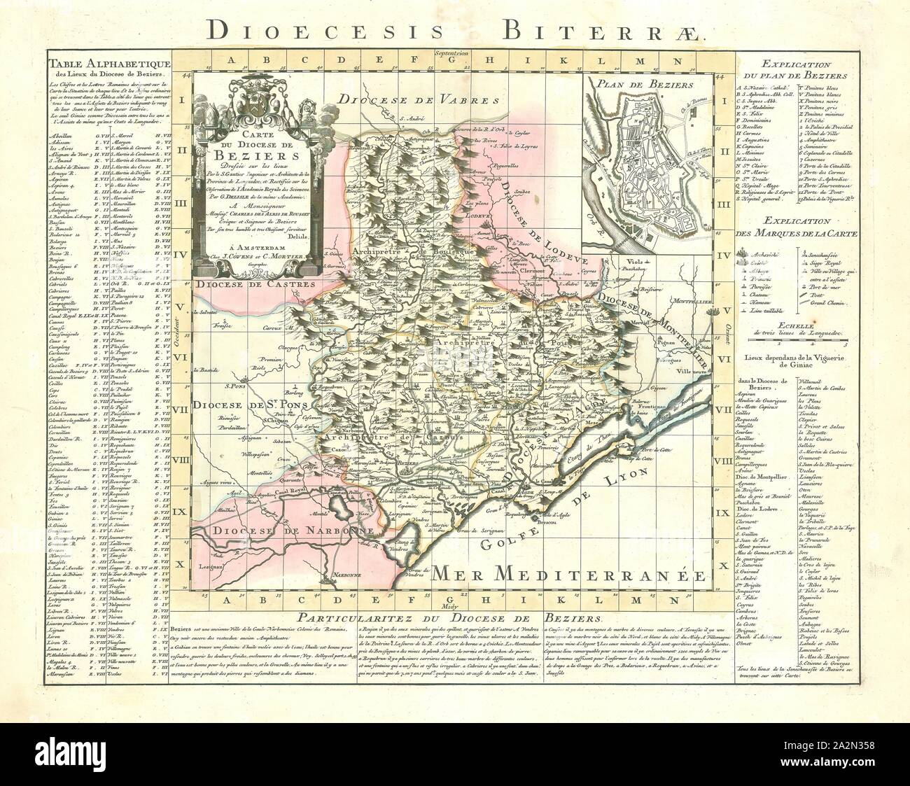 Map, Carte du diocese de Beziers, Guillaume Delisle (1675-1726), Copperplate print Stock Photo ...