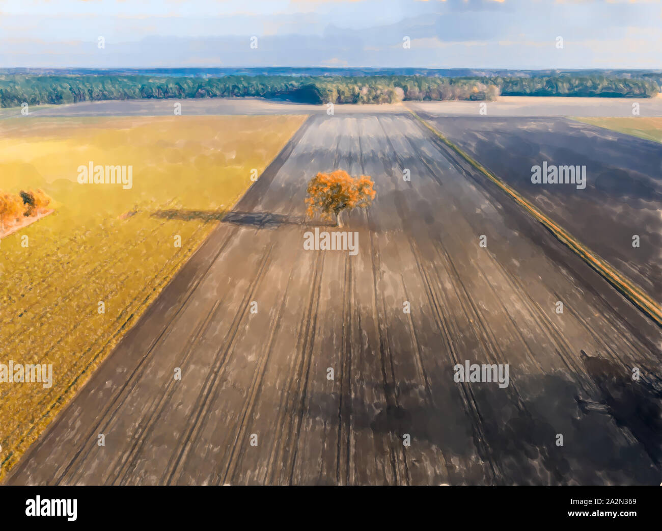 watercolor illustration: Lonely tree in a empty field at autumn, forest ...