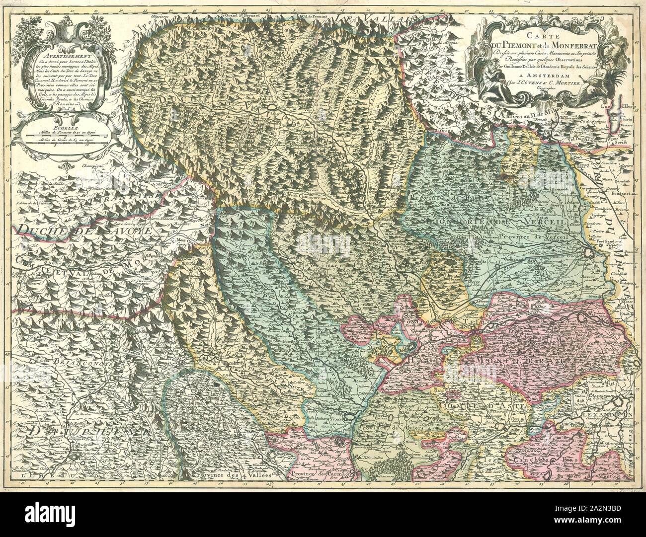Map, Carte du Piemont et du Monferrat, Guillaume Delisle (1675-1726), Copperplate print Stock ...