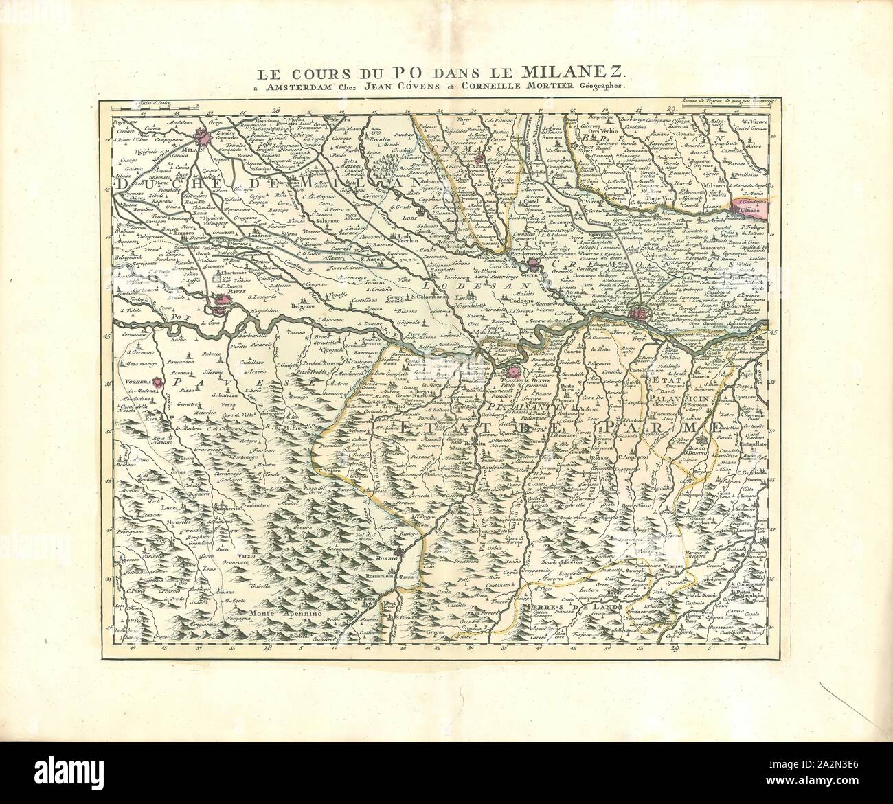 Map, Le cours du Po dans le Milanez, Copperplate print Stock Photo - Alamy