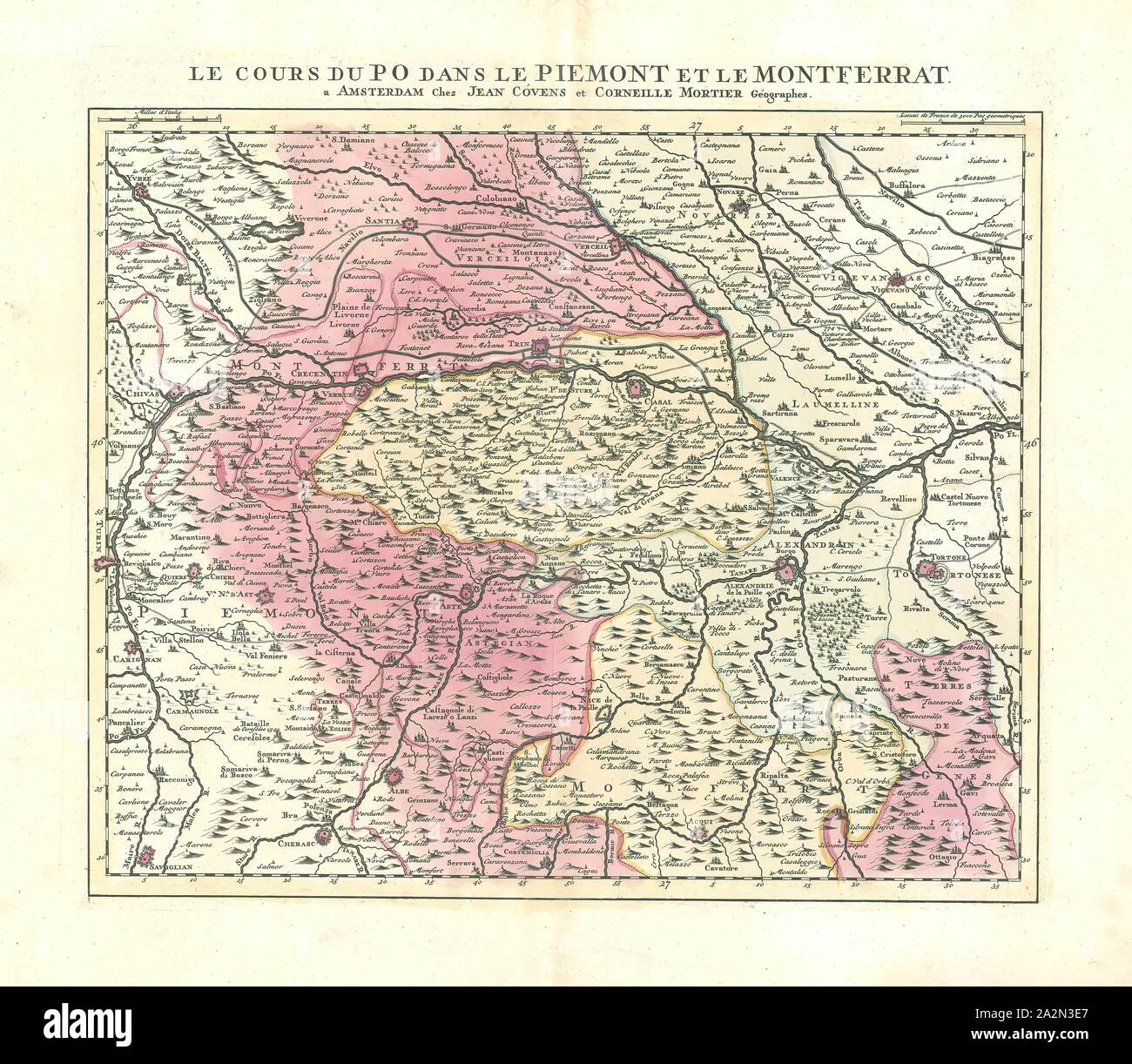 Map, Le cours du Po dans le Piemont et le Montferrat, Copperplate print ...