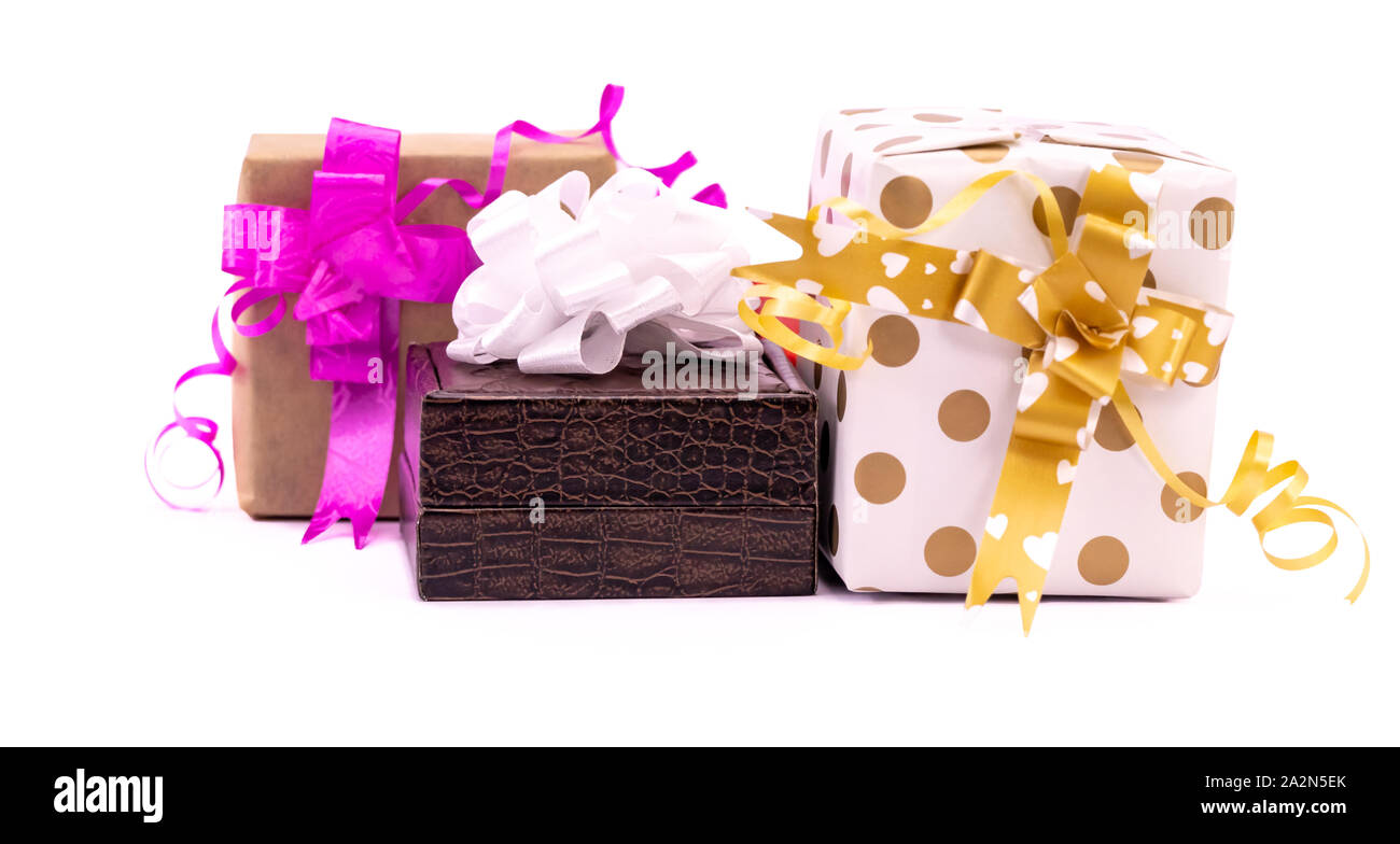 Close view of colorful decorative gift box with bows and ribbons on ...