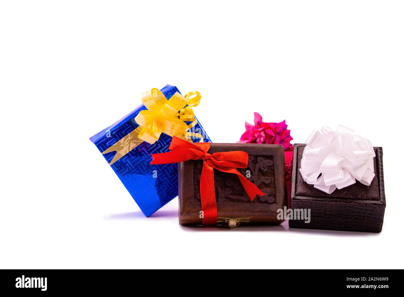 Set of colorful decorative gift box on white background Stock Photo - Alamy