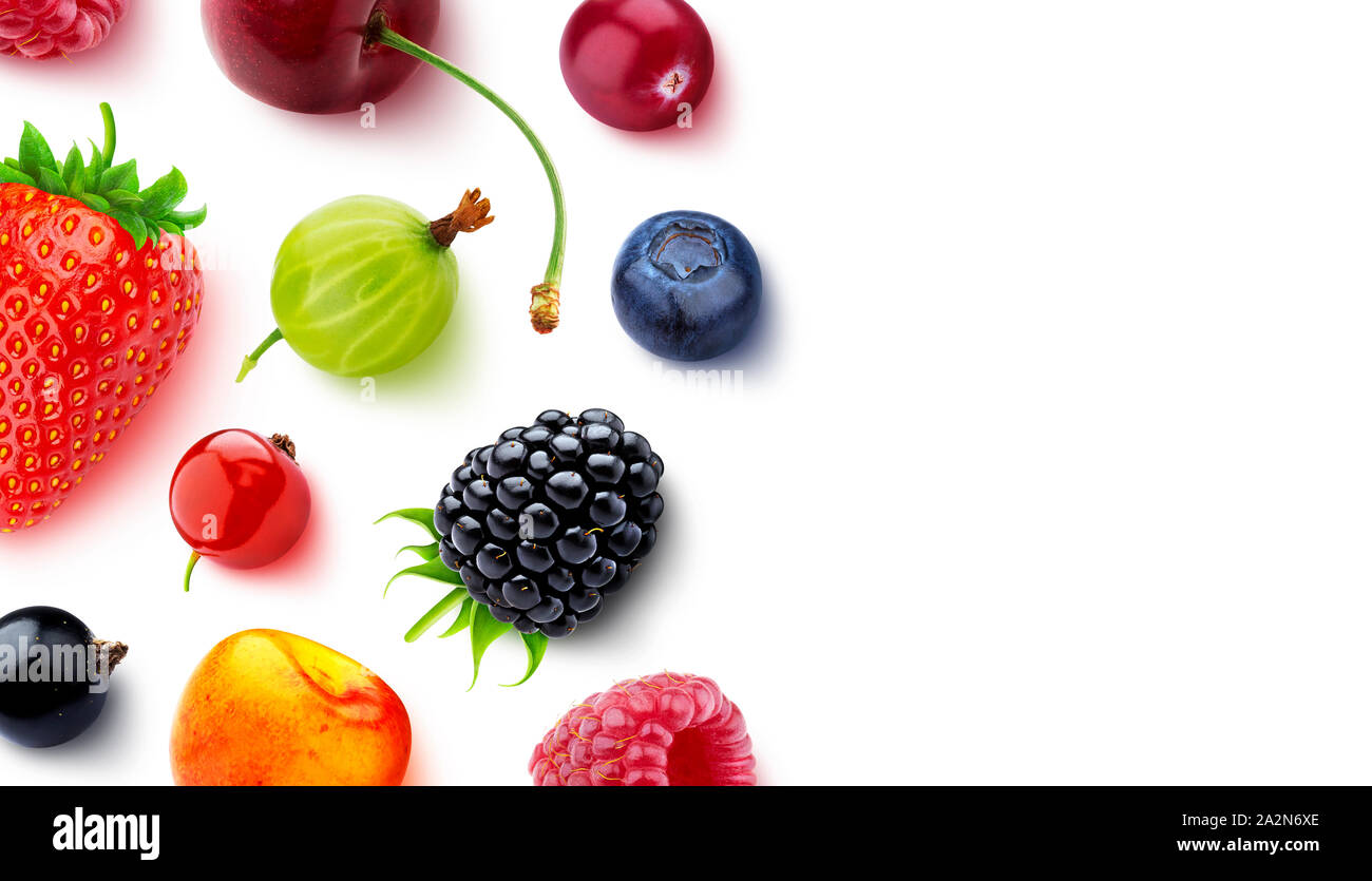 Assortment of different berries isolated on white background with copy ...