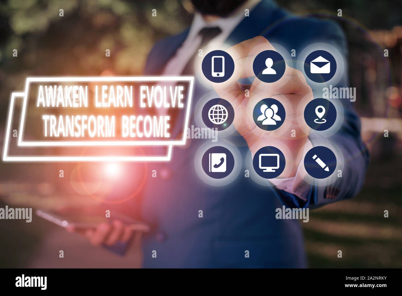 Text sign showing Awaken Learn Evolve Transform Become. Business photo ...