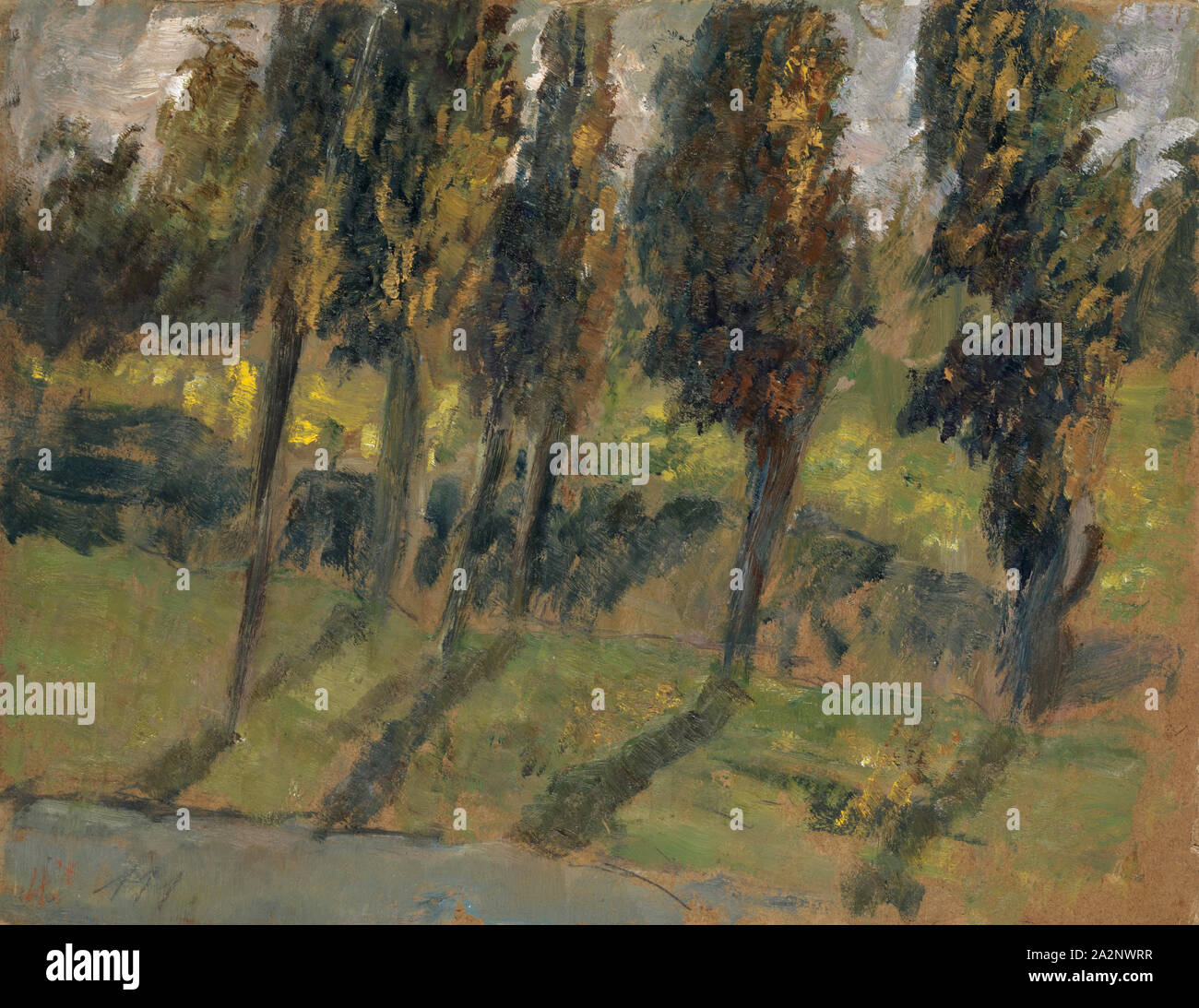 Autumn trees on stream, oil on cardboard, 27 x 34.5 cm, Ernst Schiess ...