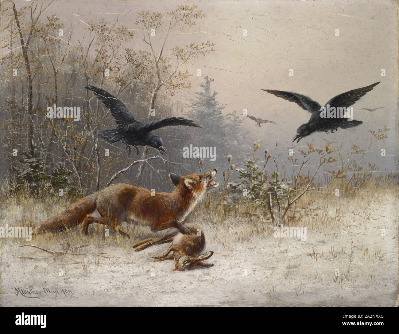 Fox hunting hare in winter, oil on panel, 21 x 26.5 cm, signed and ...
