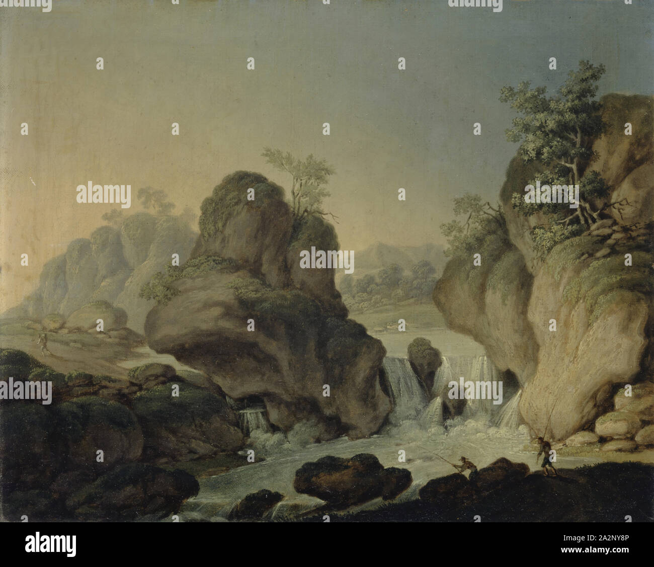 Landscape with waterfall and fishermen, oil on canvas, 28 x 35 cm ...