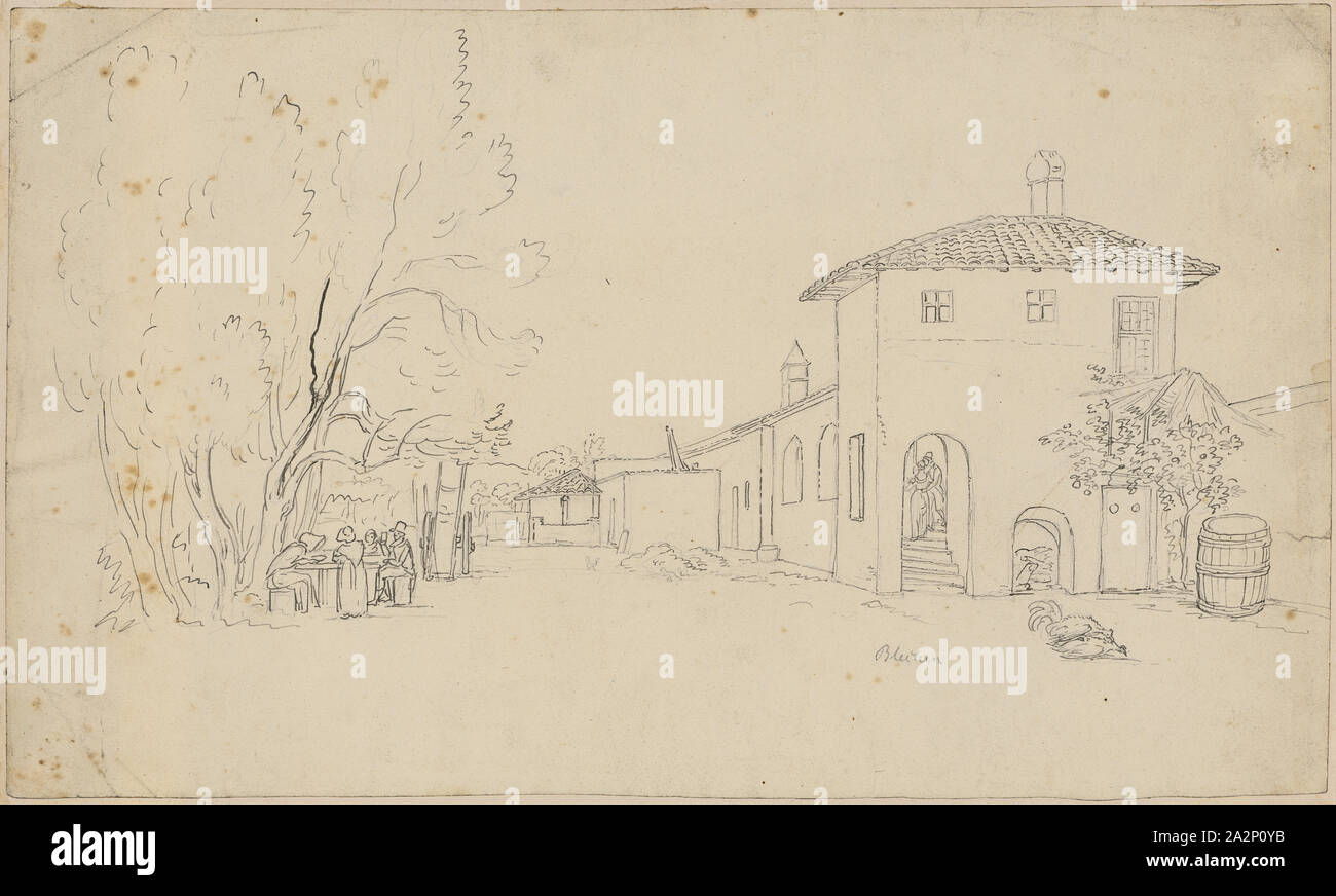 Italian homestead with shy and chopping people under the trees, pencil ...
