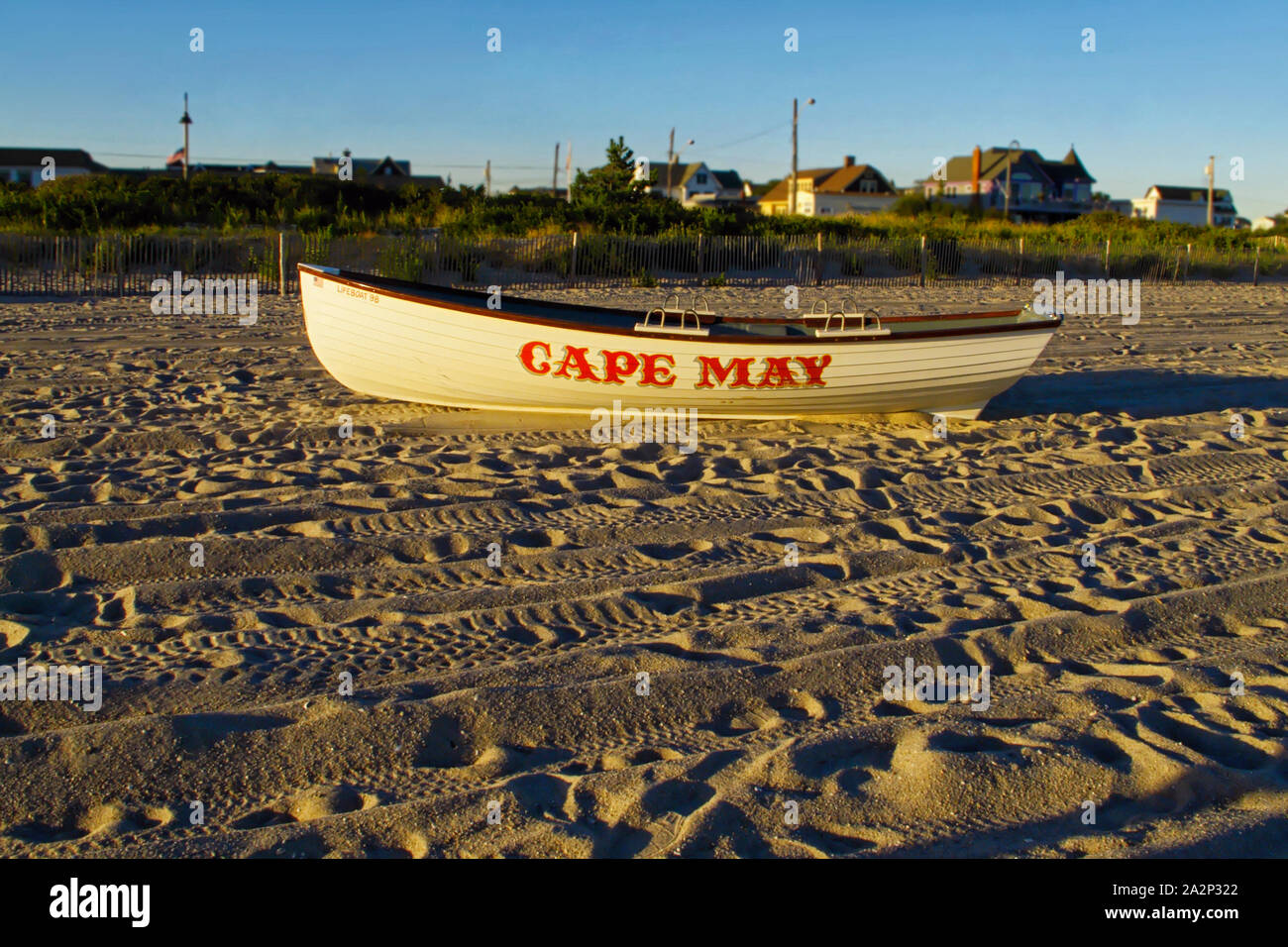 Cape May lifeguard boat; wood, sand beach; life saving; safety ...