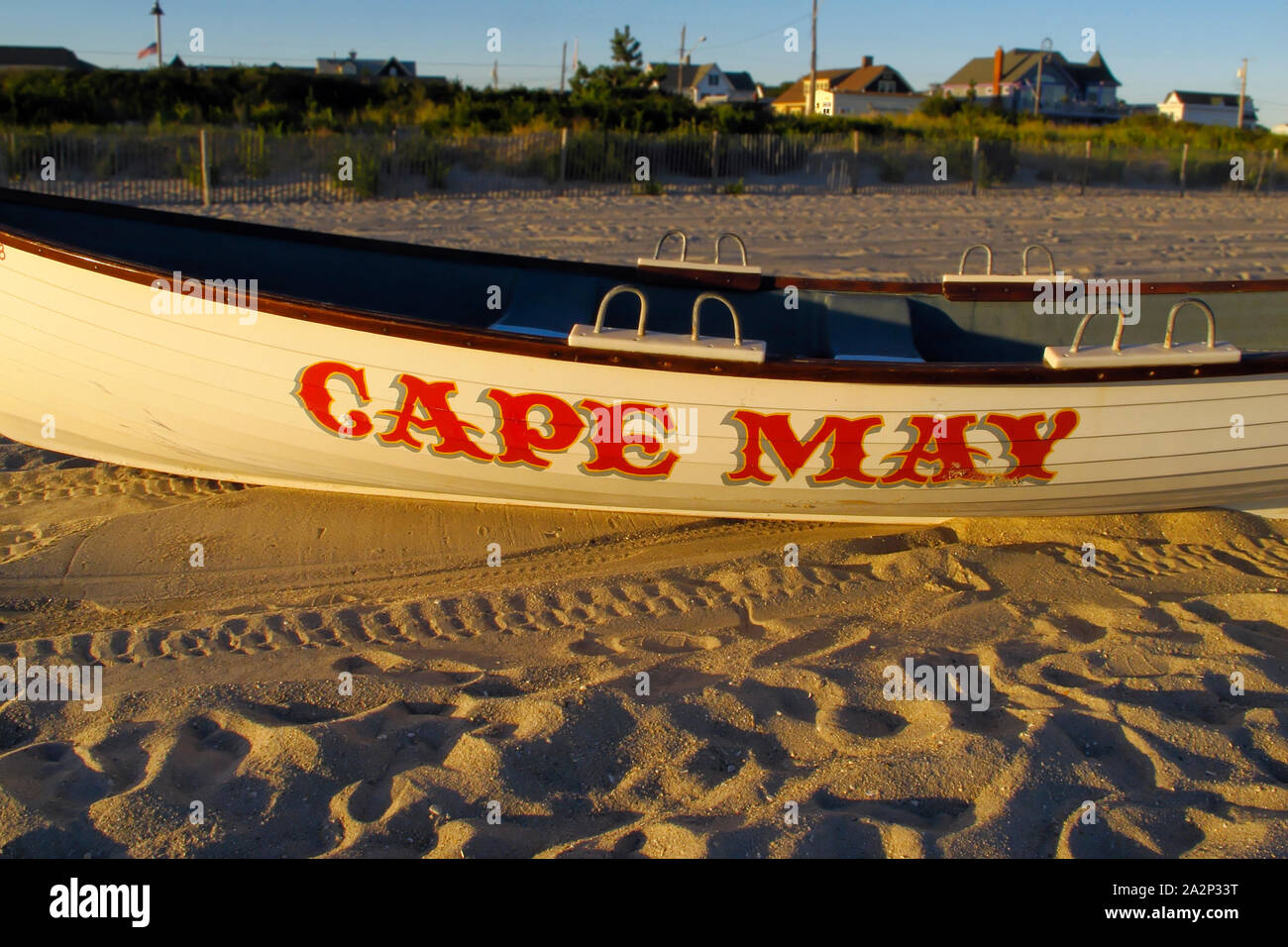 Cape May lifeguard boat; wood, sand beach; life saving; safety ...