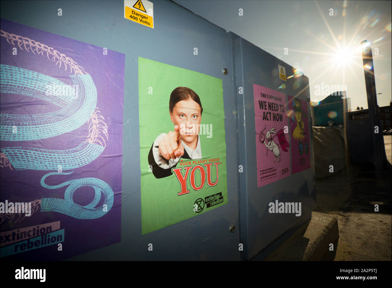 Extinction Rebellion posters, or flyers, that have been placed on power ...