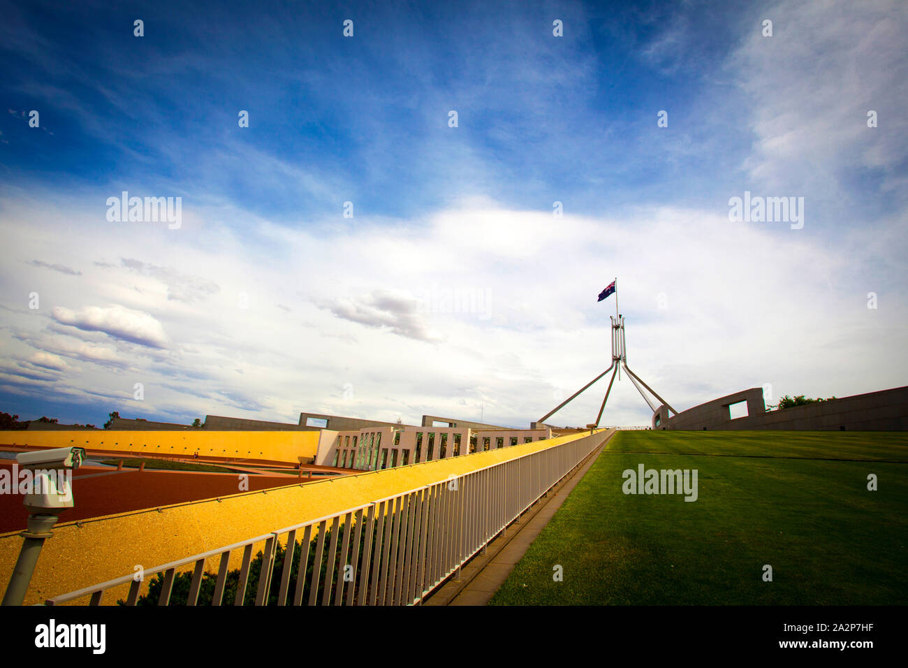 Grass roof of Parliament House, Canberra, Australia. The building was designed by Mitchell ...