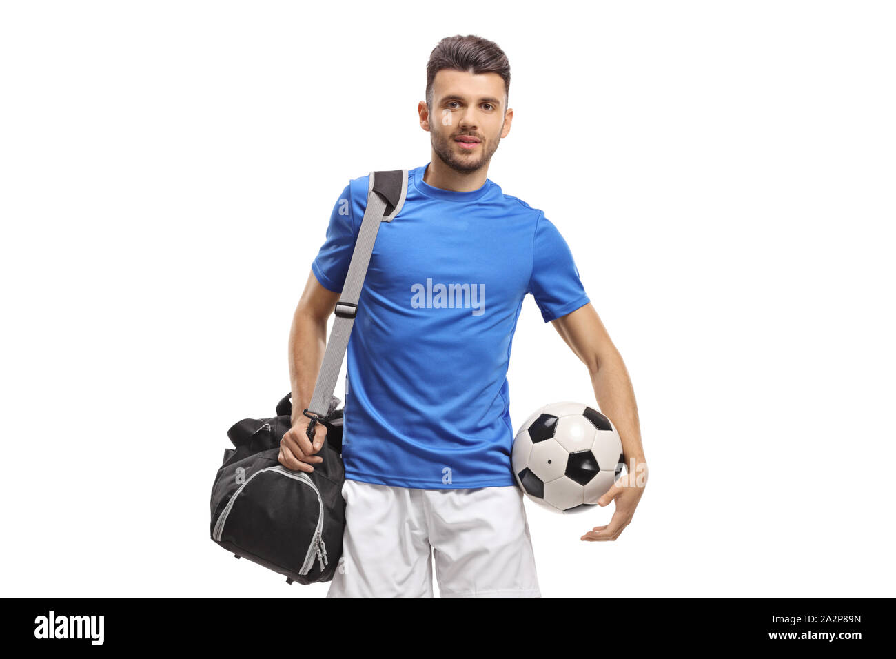 Footballer with a bag and a ball isolated on white background Stock ...