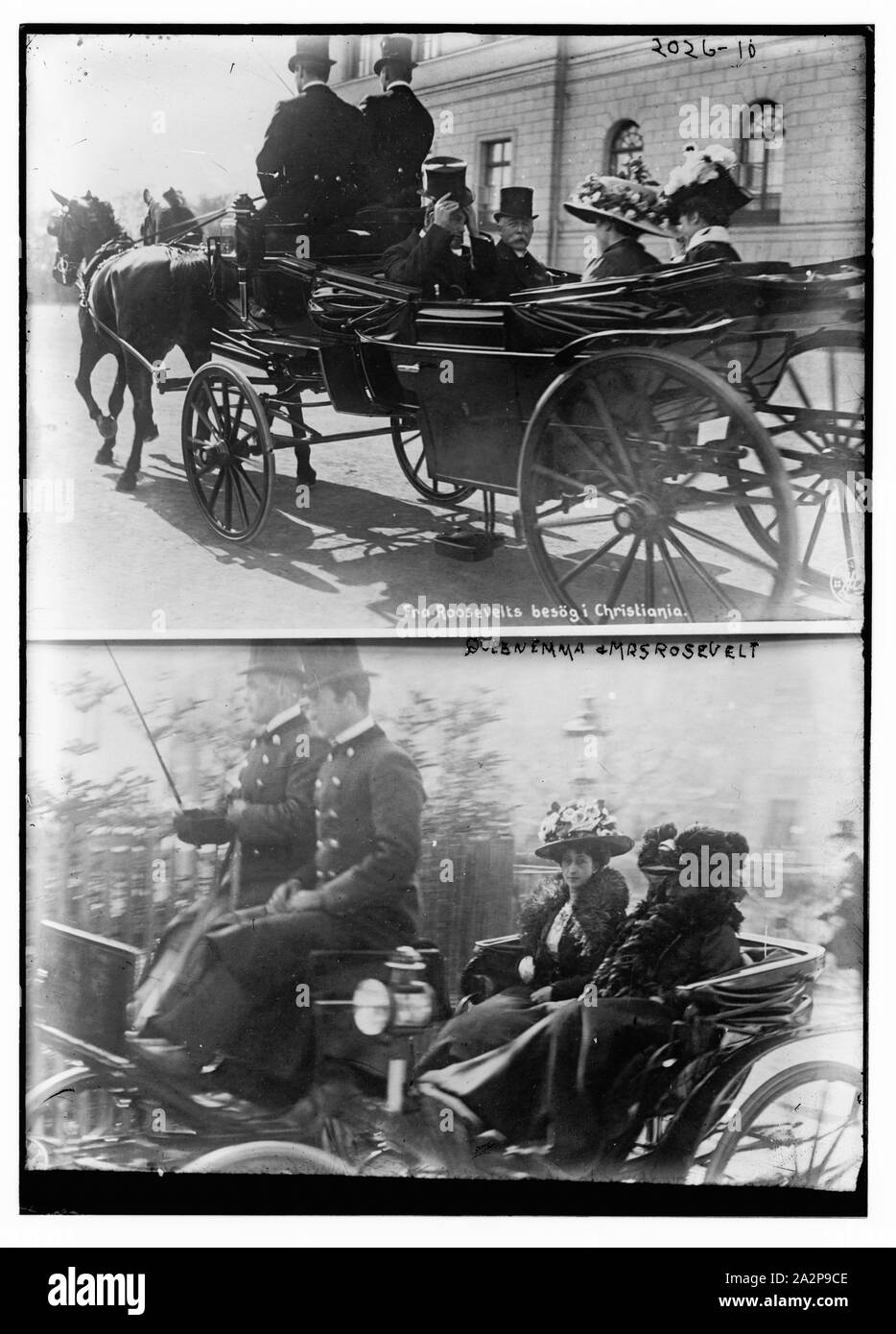 Queen Emma and Mrs. Roosevelt; Top frame: both in a carriage moving ...
