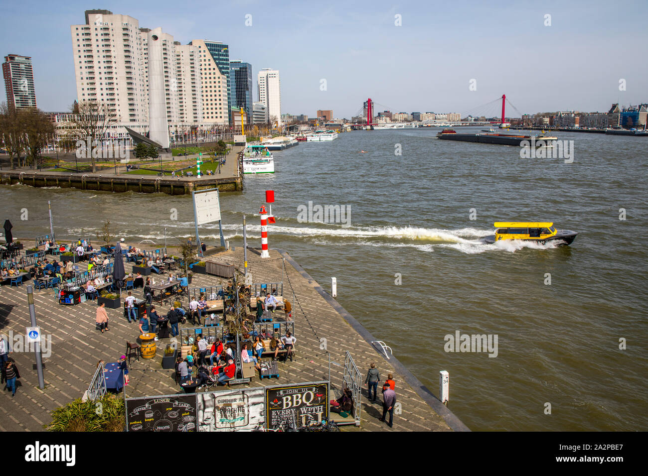 Rotterdam, Netherlands, the river Nieuwe Maas, café, beer garden on the ...