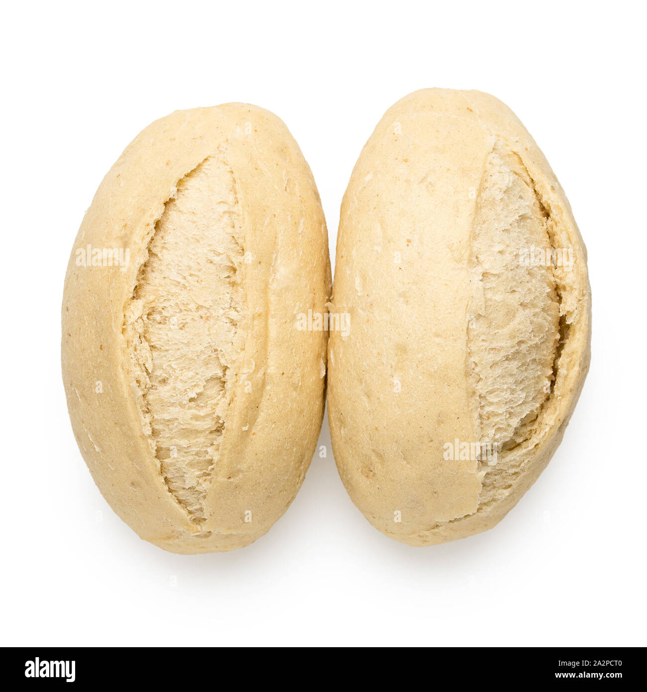 Two part baked white french bread rolls isolated on white. Top view ...