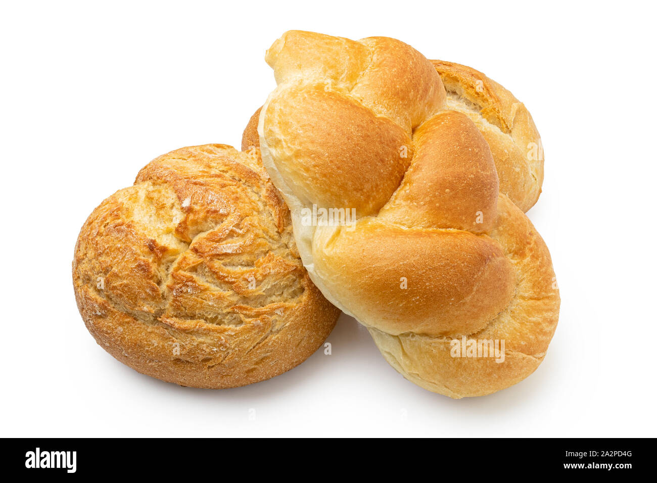 Three white bread rolls isolated on white. Round rustic, plaited and ...