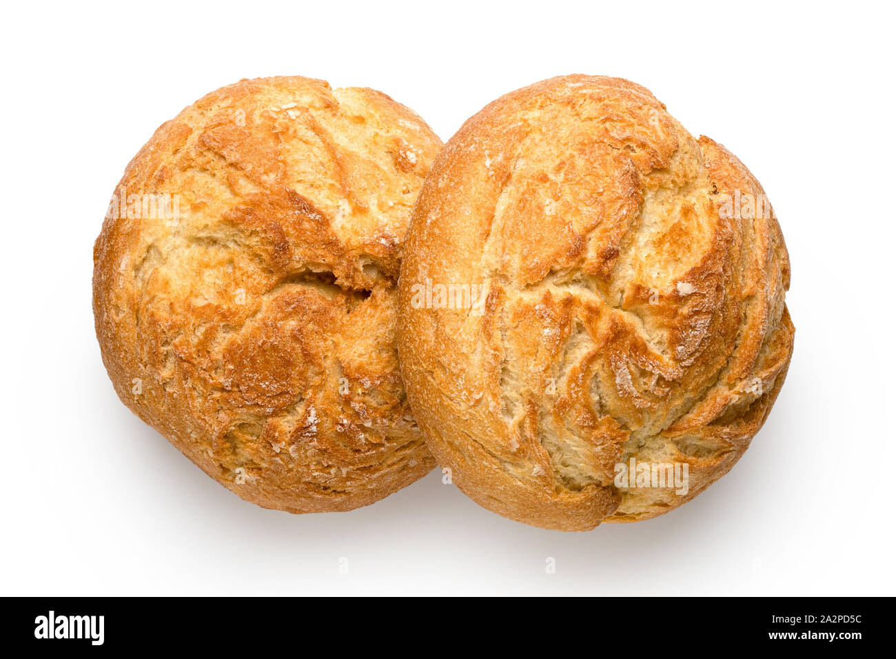 Two round rustic white bread rolls isolated on white. Top view Stock ...