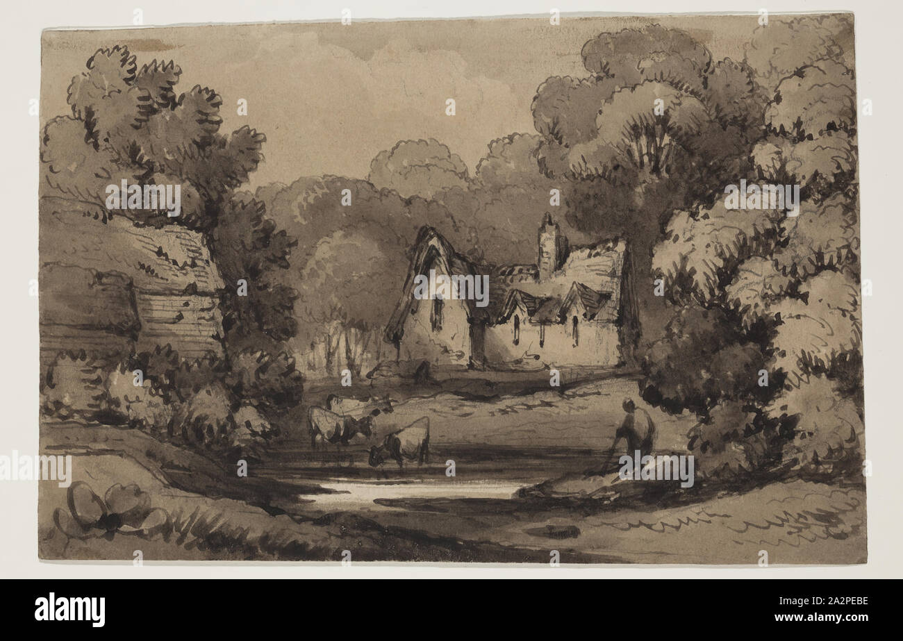 John Varley, English, 1778-1842, Landscape with Thatched Cottage and ...