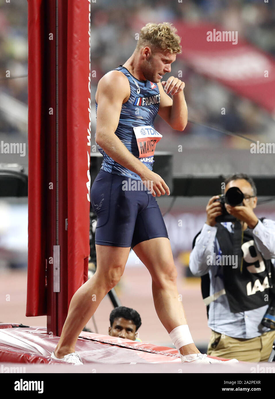 France's Kevin Mayer reacts after withdrawing from the Pole Vault ...
