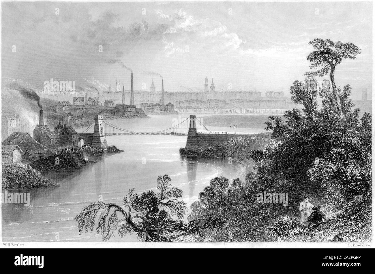 An engraving of Aberdeen from above the Chain Bridge scanned at high ...