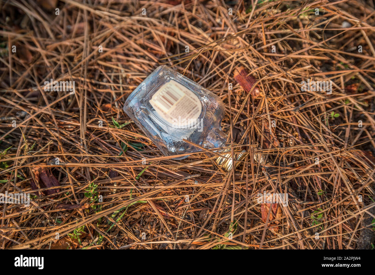 A miniature glass bottle of alcohol dumped on the ground as garbage in ...