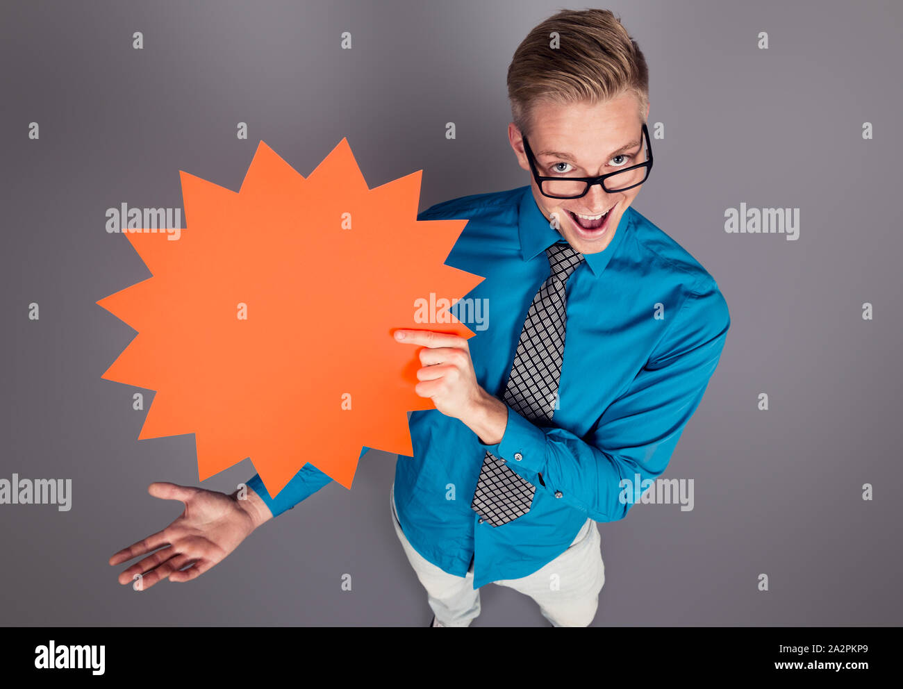 Salesman showing blank panel with space for advertising Stock Photo - Alamy