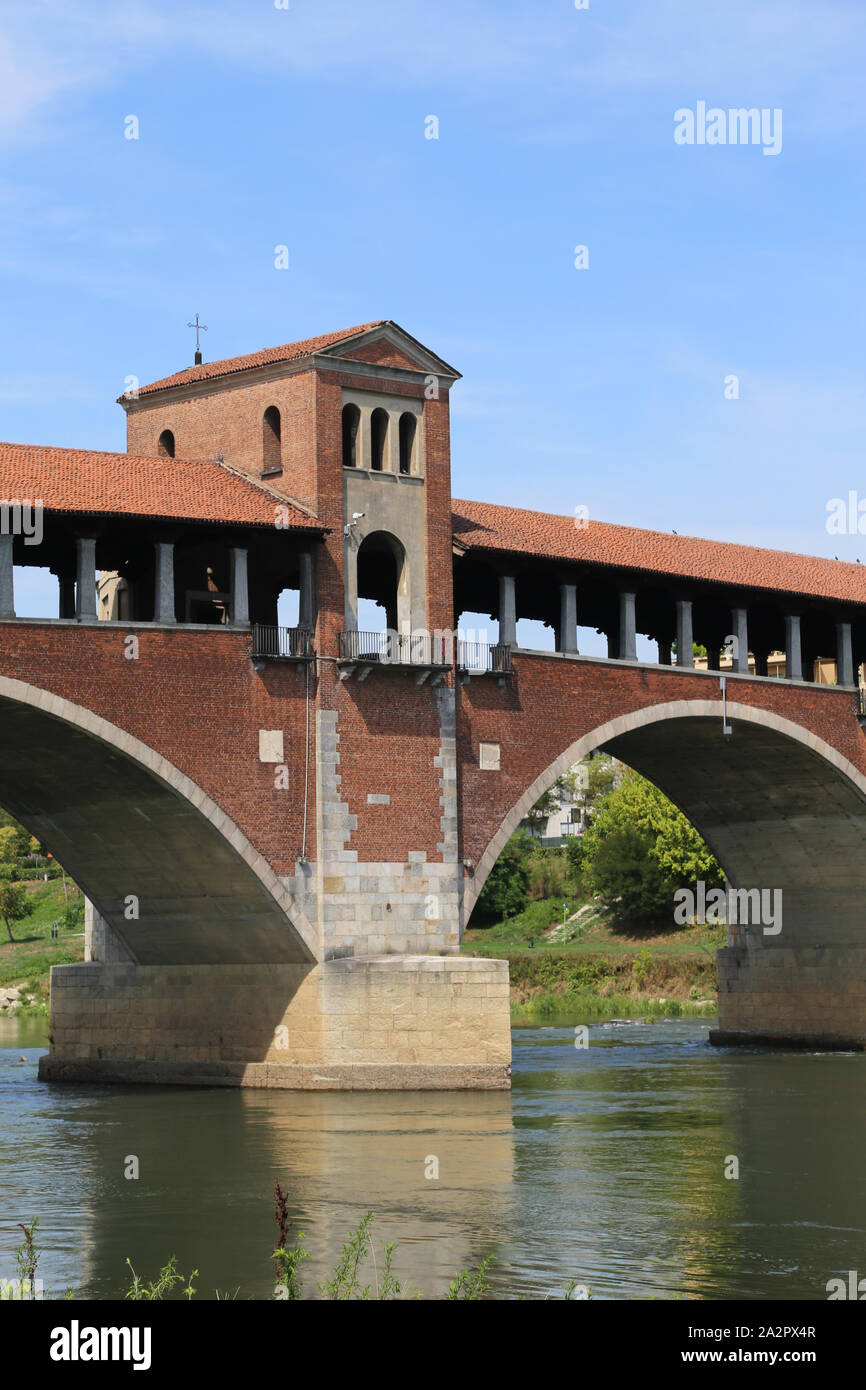 Ticino River and the Old Bridge also called Ponte Coperto in Italian ...